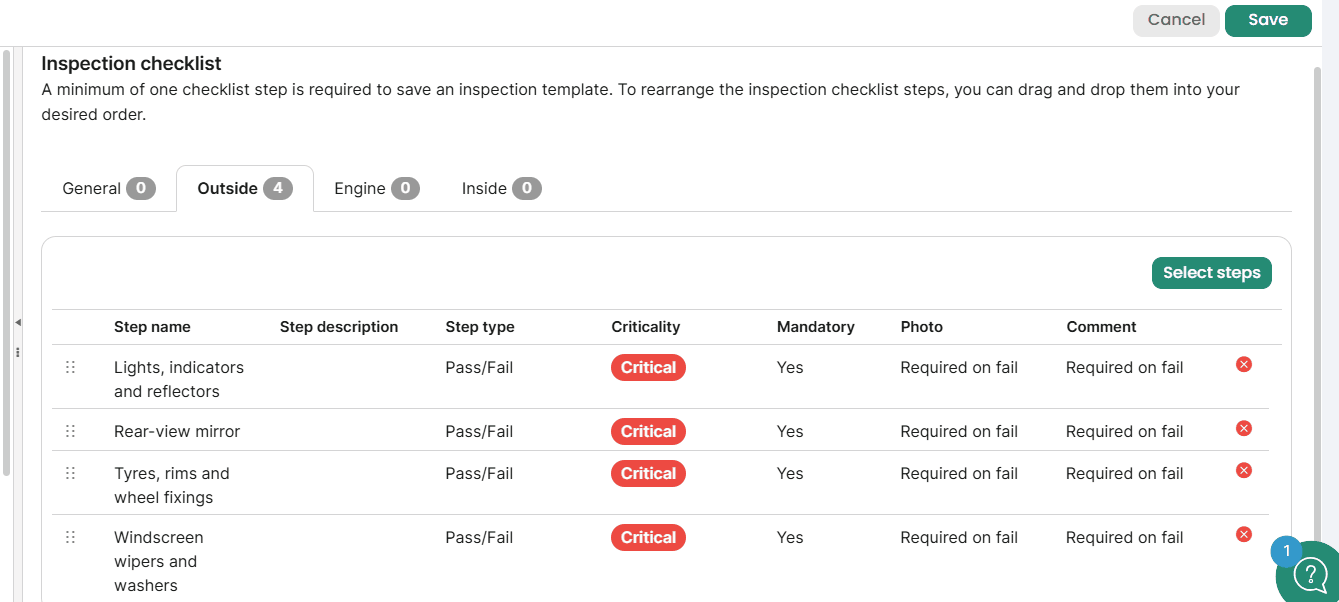 Add steps to the Inspection template – Powerfleet Knowledge