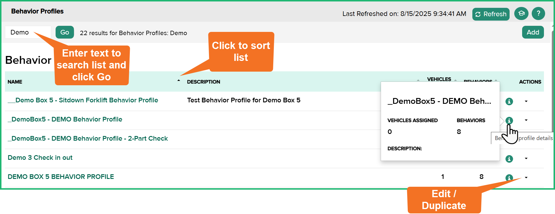 Behavior profiles list - overview – Powerfleet Knowledge